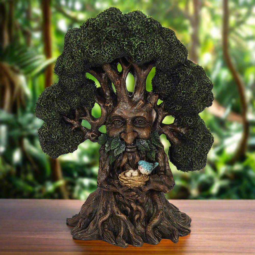 Green Man Tree Sculpture with Bird & Nest Symbol of Rebirth