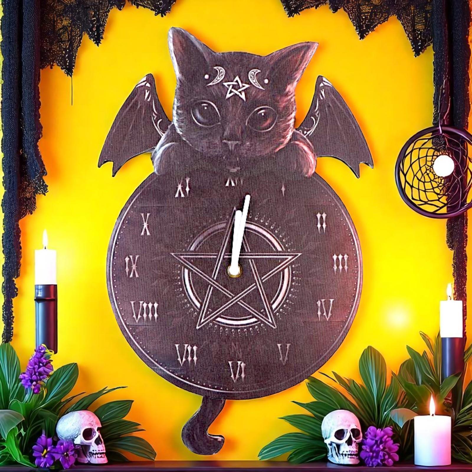 Gothic Cat Wall Clock with Pentagram Decor