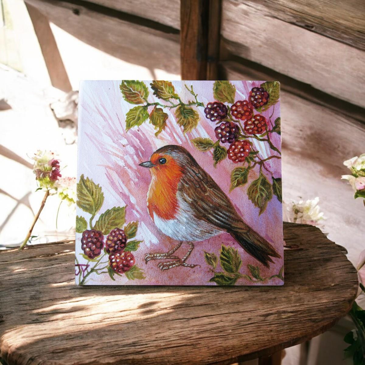 HEDGEROW ROBIN Ceramic Art Tile 20x20 cm - Wall Hanging Tile