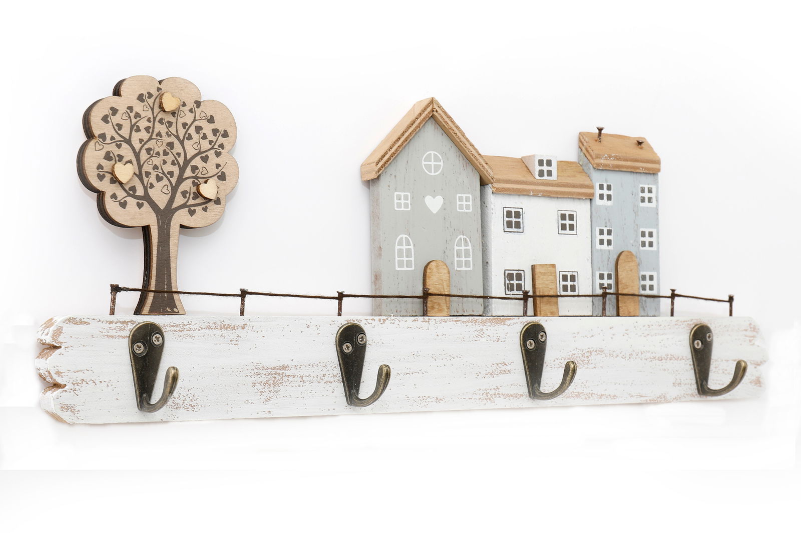 Wooden House Key Holder with Four Hooks