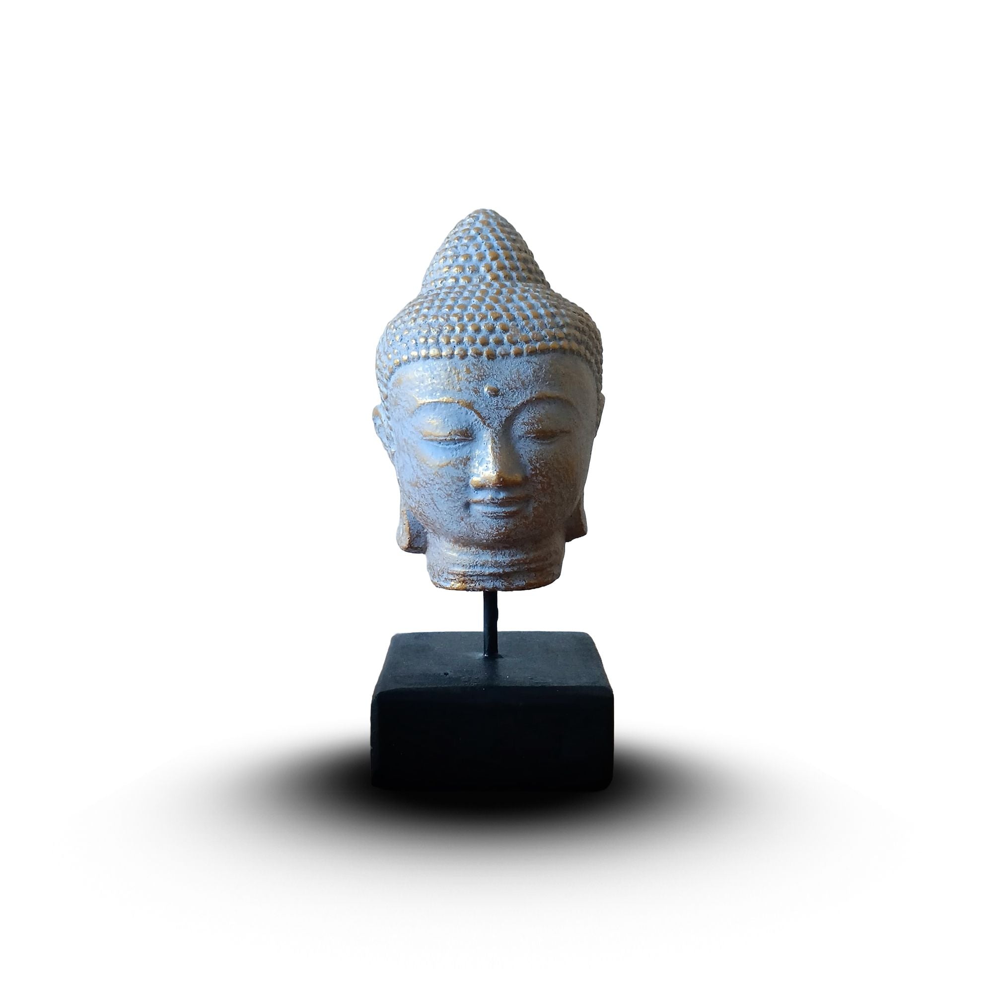 Blue Copper Buddha Head Sculpture on Stand
