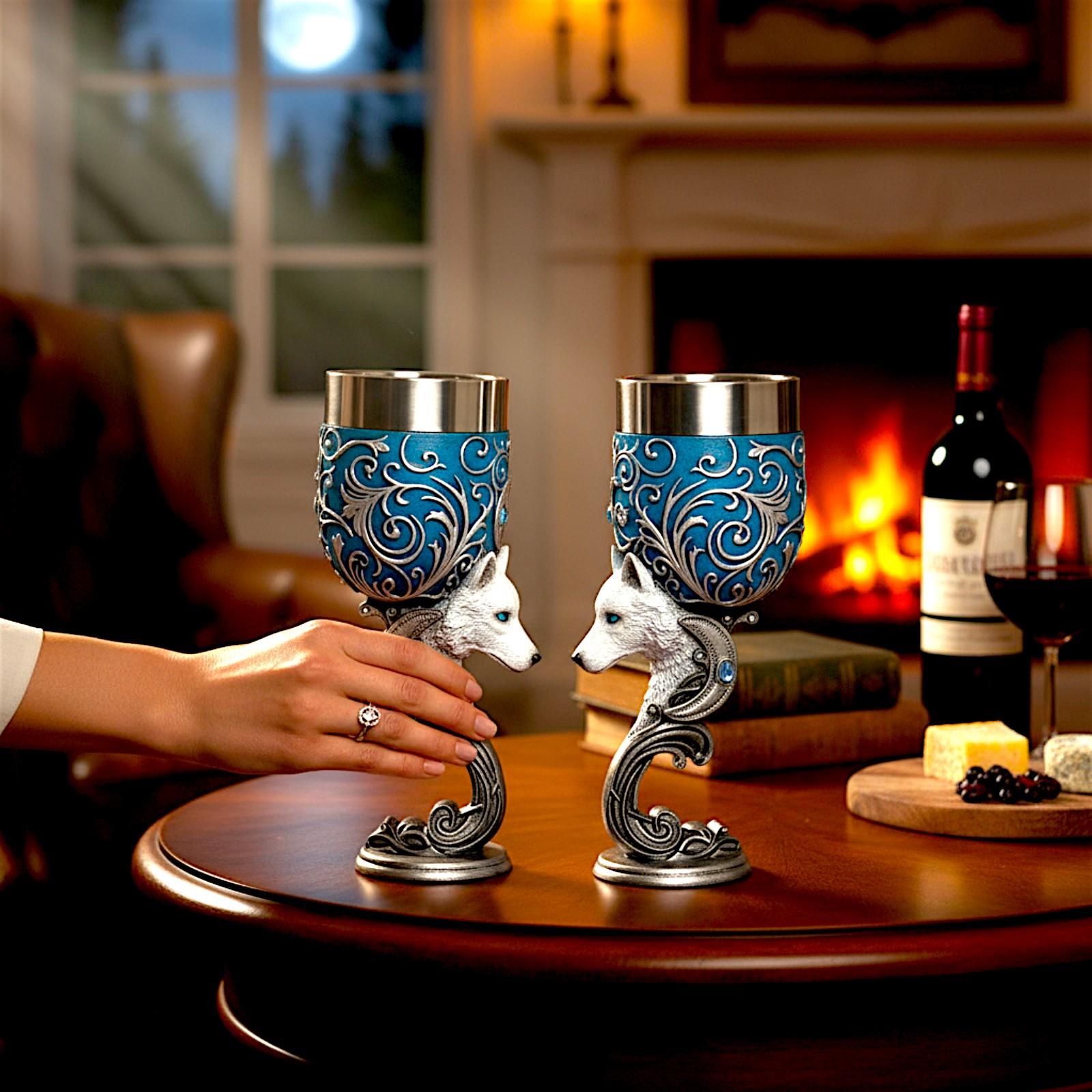 Fantasy White Wolf Enchanted Goblet Set Gothic Chalice Mystical Drinkw